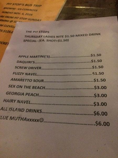 Menu at Pit Stop Cafe, Youngstown