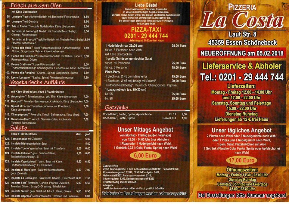 Menu at Pizzeria La Costa, Essen