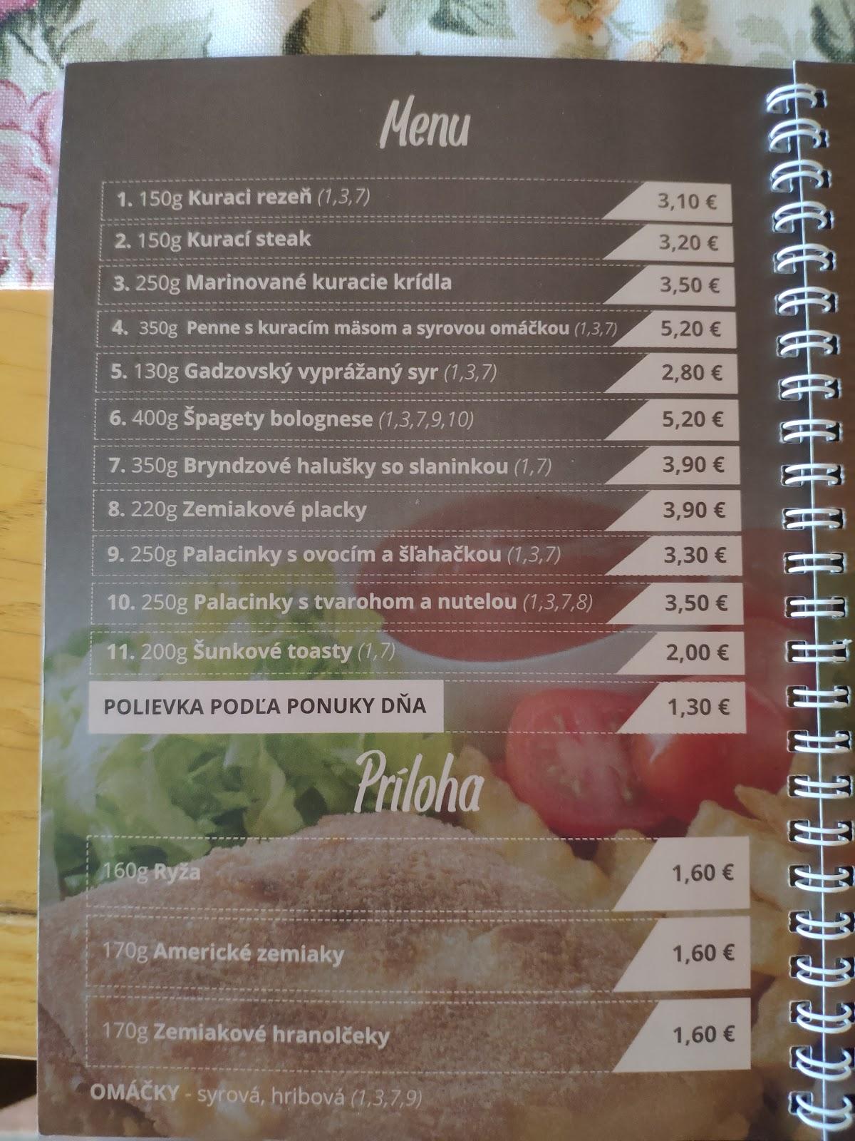 Menu at Pohostinstvo Babia hora restaurant, Oravská Polhora