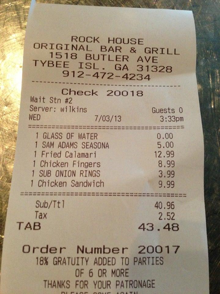 Menu at Rock House pub & bar, Tybee Island