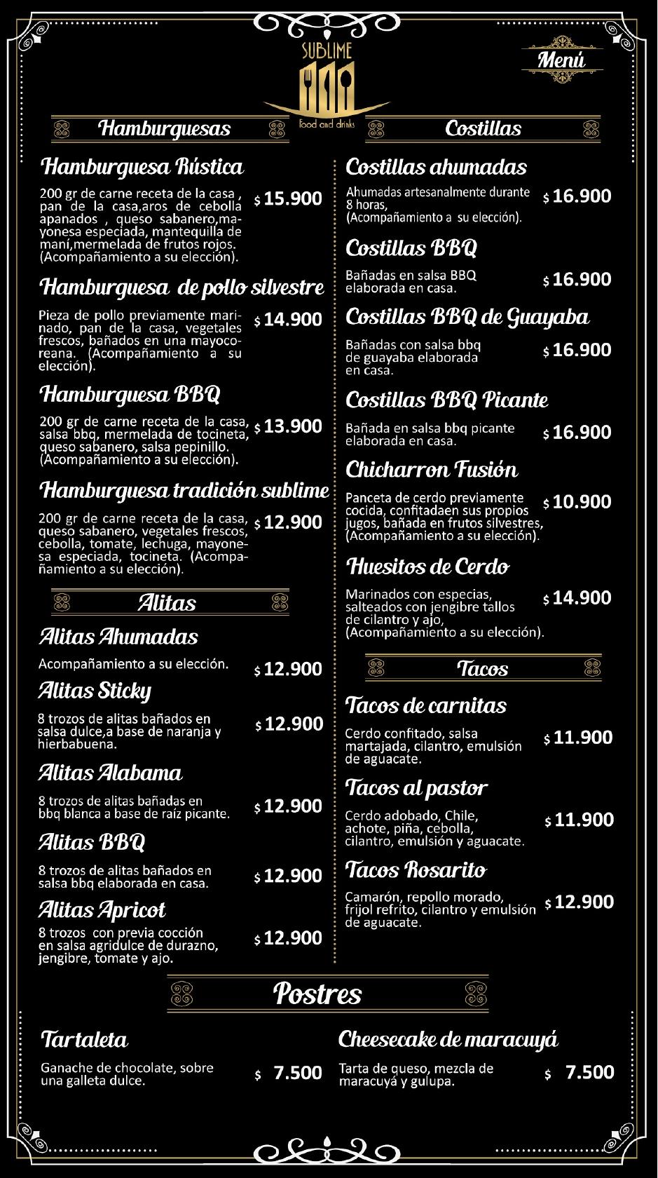 Carta del restaurante Sublime Food and drinks, Mariquita