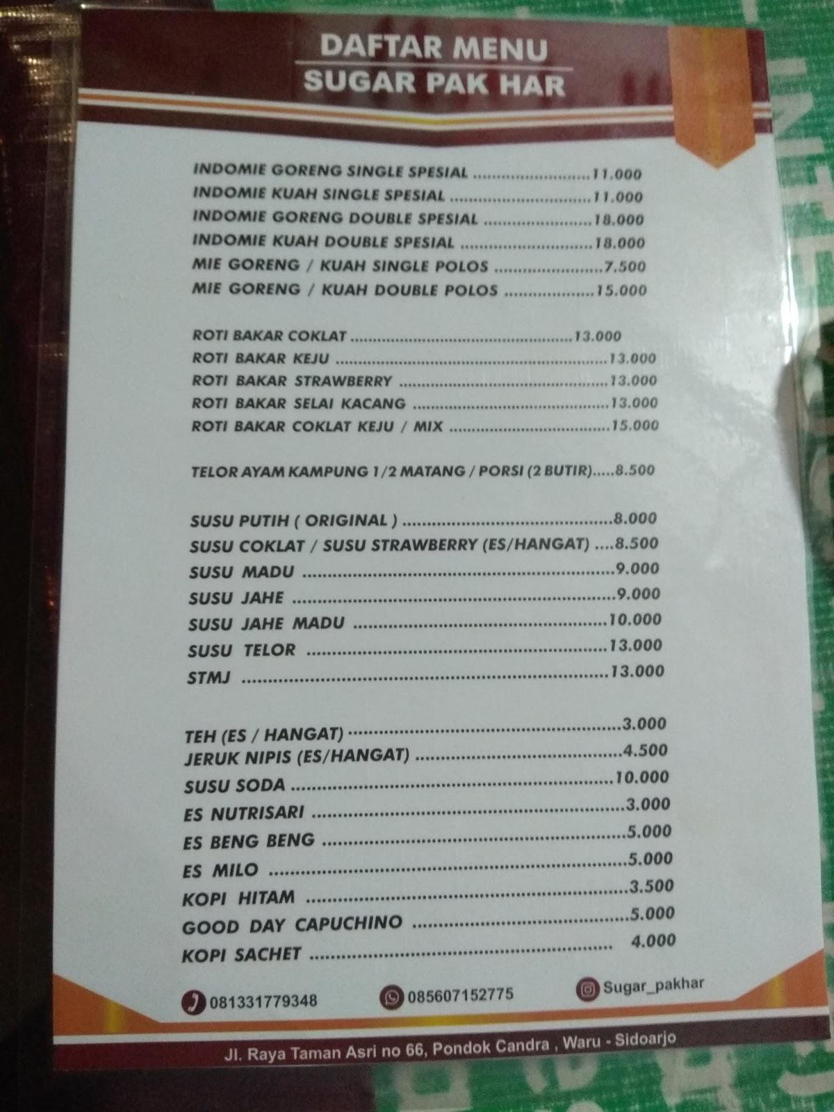 Menu at Sugar Cafe Pondok Candra, Betro