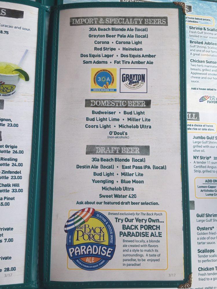 Menu at The Back Porch restaurant, Destin