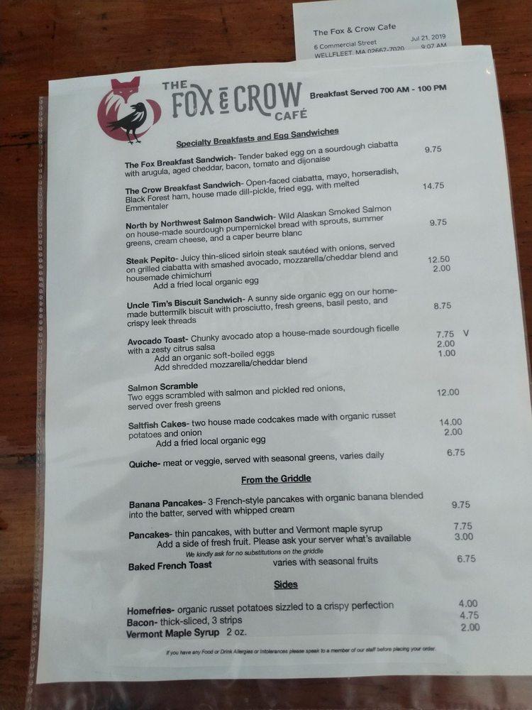Menu at The Fox and Crow cafe, Wellfleet