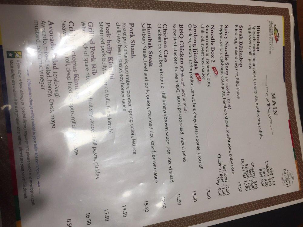 Menu at Bari Bari, London