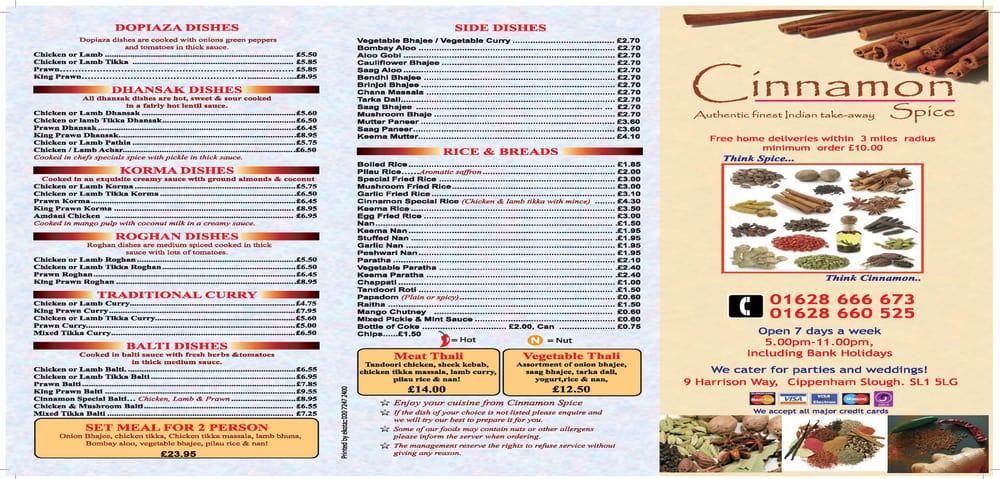 Menu at Cinnamon Spice restaurant, Slough