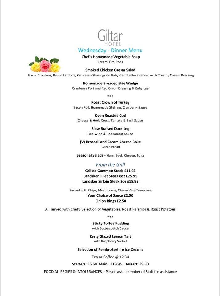 Menu at Giltar Hotel restaurant, Tenby