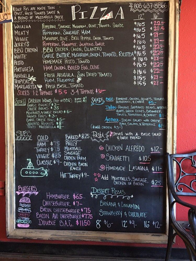 Menu at Jerry's Pizza Mill pizzeria, Waialua