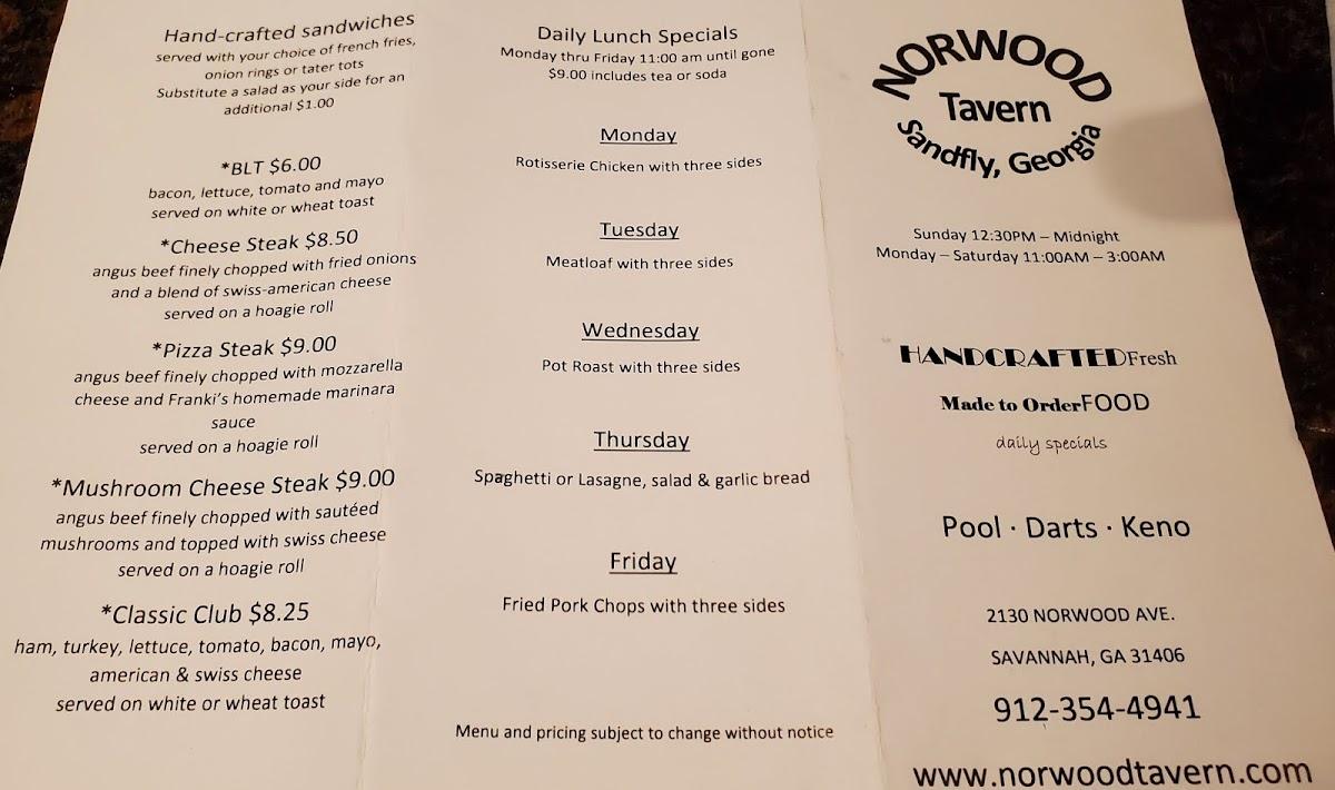 Menu at Norwood Tavern pub & bar, Savannah