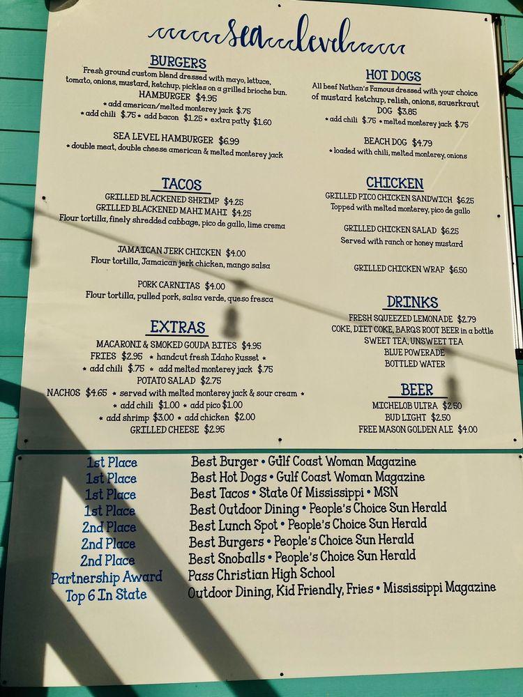 Menu at Sea Level restaurant, Pass Christian