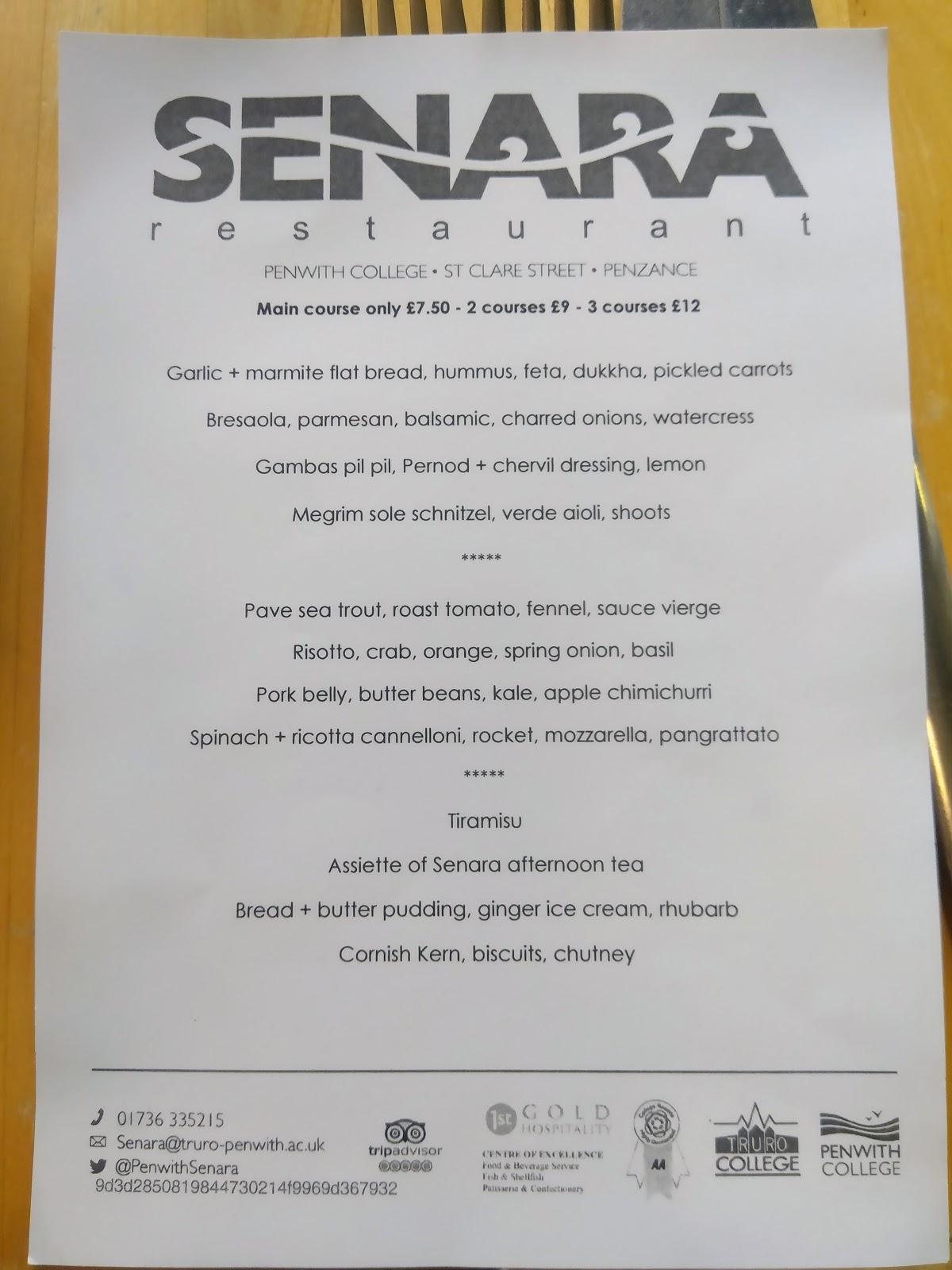 Menu at Senara restaurant, Penzance