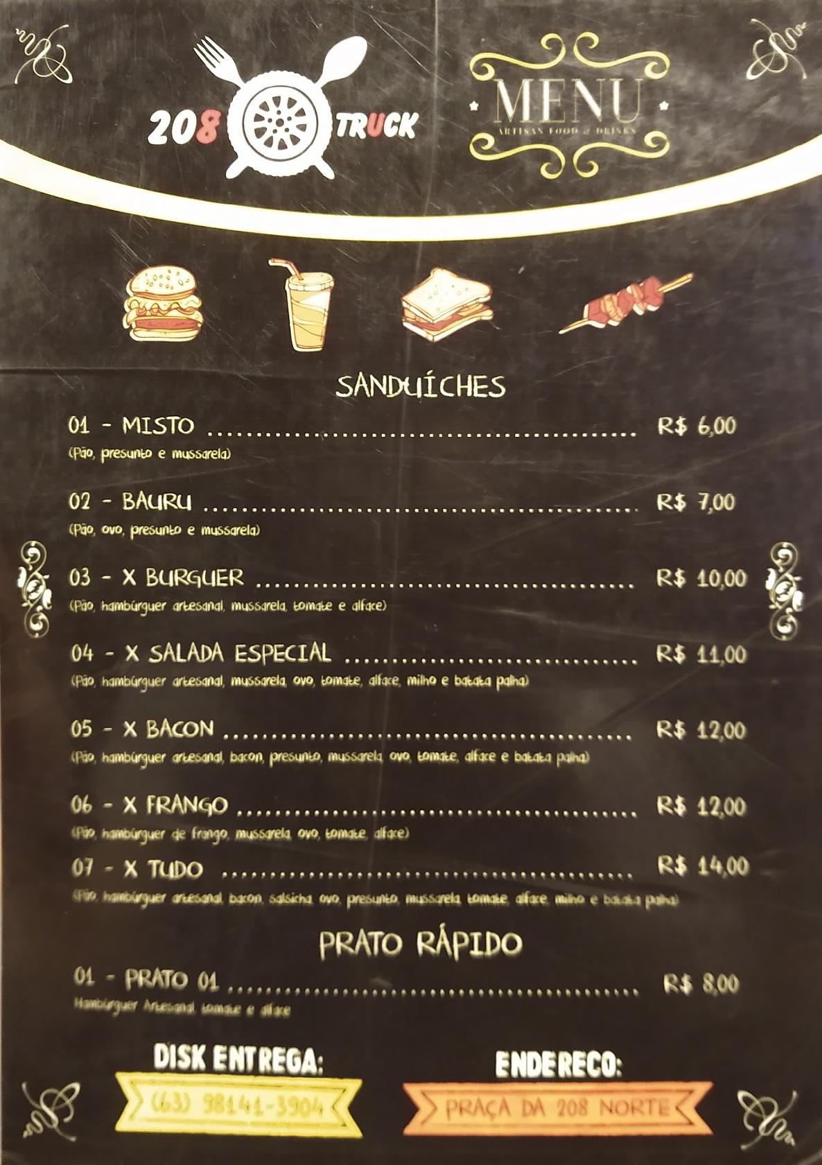 Menu at 208 Truck pub & bar, Palmas
