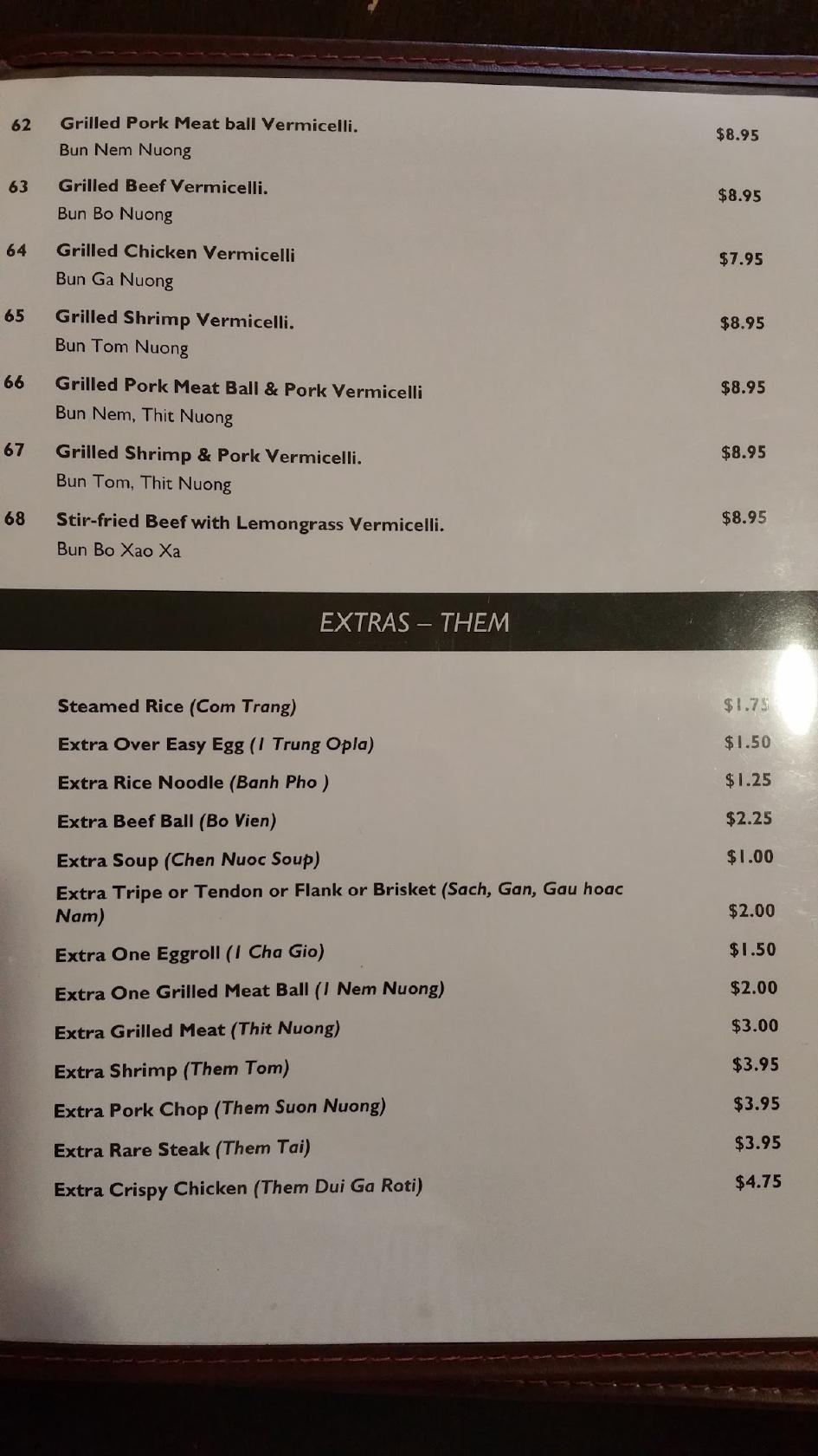 Menu at Blue Ginger Pho restaurant, Tehachapi
