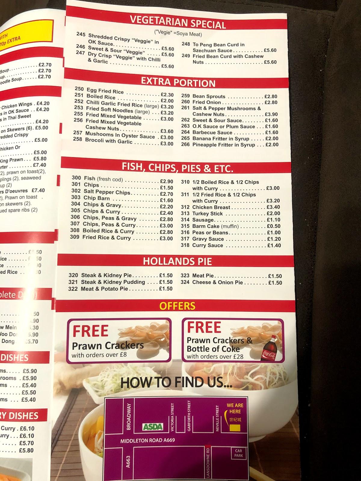 Menu at Century City restaurant, Oldham