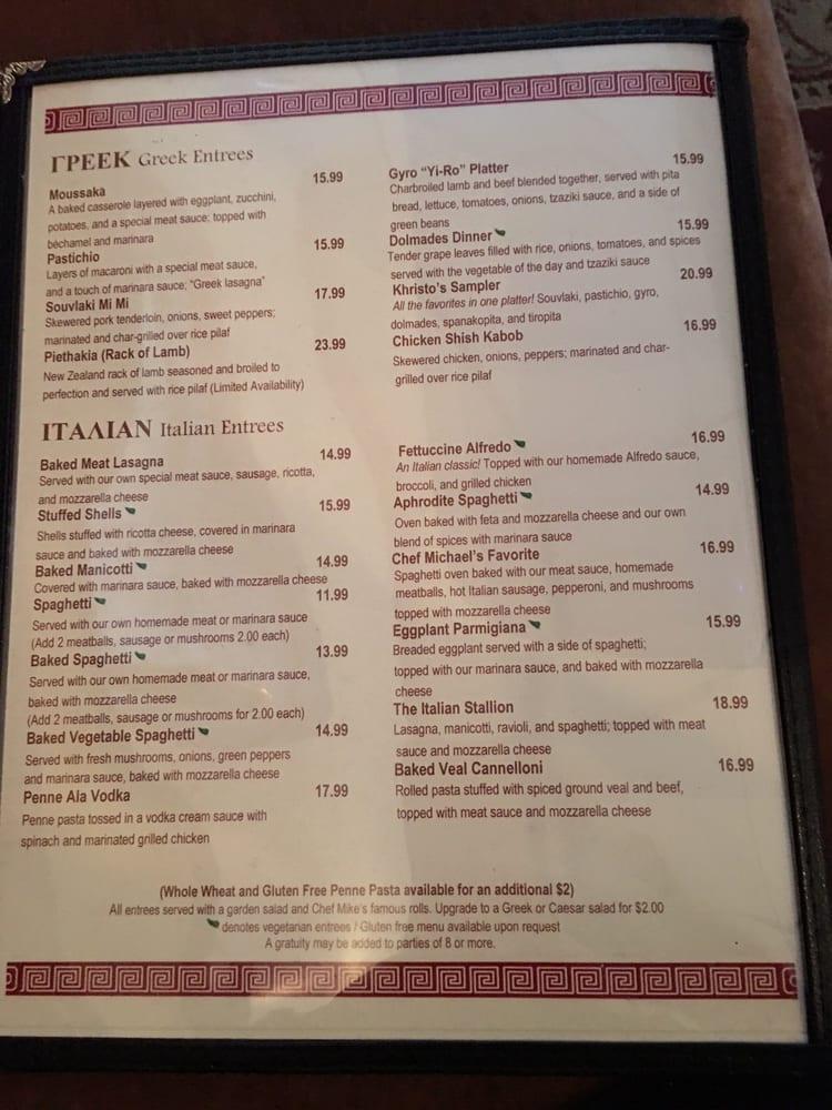 Menu at Grapevine The Greek & Italian Restaurant, Richmond, Three Chopt Rd