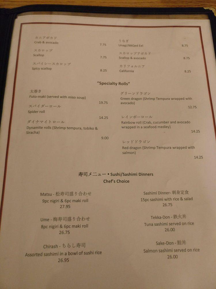 Menu at Japanese Restaurant Yukiguni, Niagara Falls
