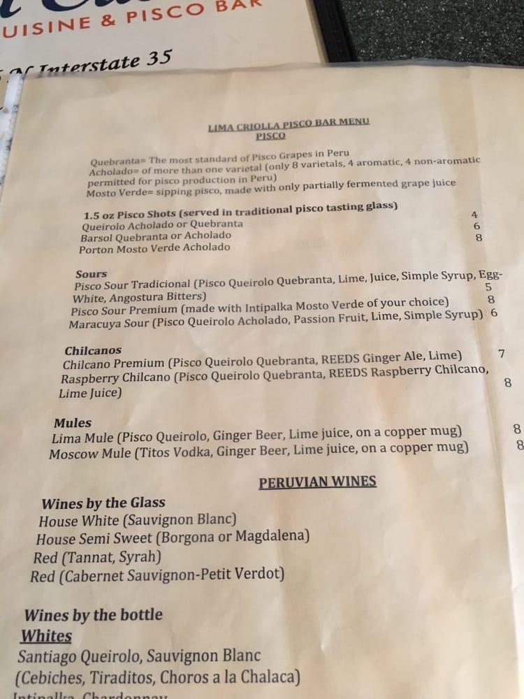 Menu at Lima Criolla restaurant, Austin