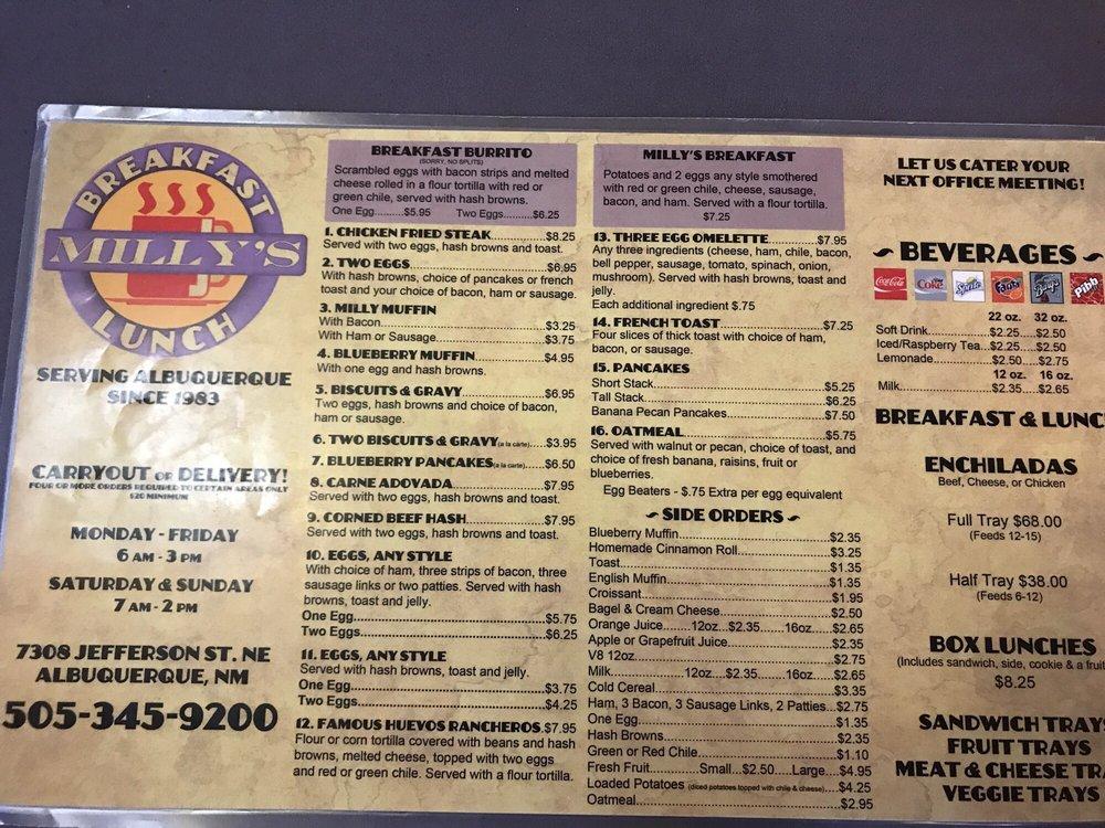 Menu at Milly's restaurant, Albuquerque, Jefferson St NE