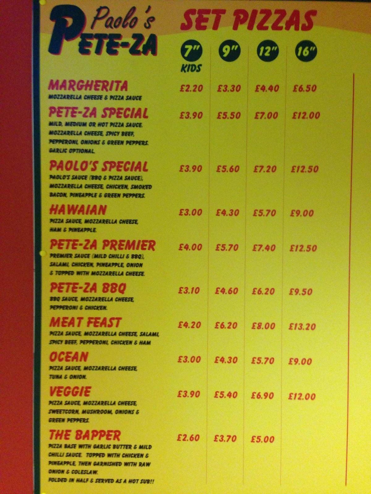 Menu at Paolo's Pete-Za pizzeria, Moy