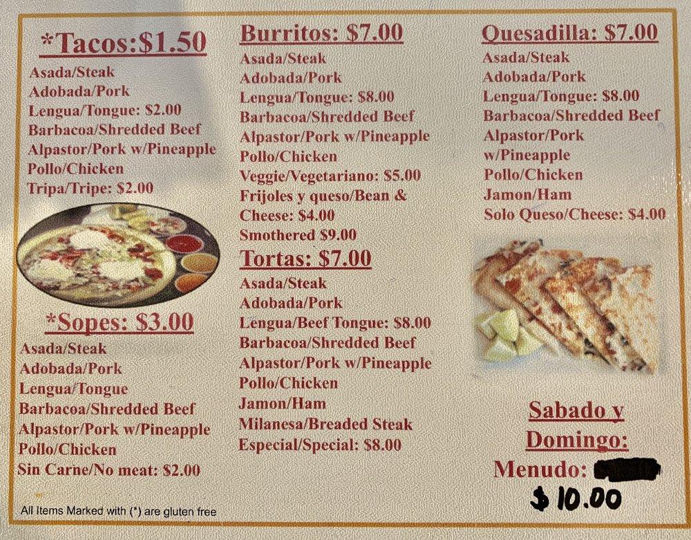 Menu at Tacos Selene Littleton restaurant, Littleton, S Kipling Pkwy