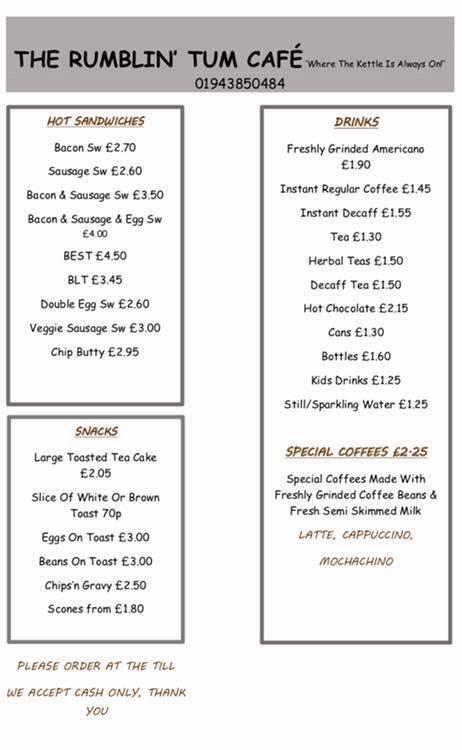 Menu at The Rumbling Tum Cafe, Otley