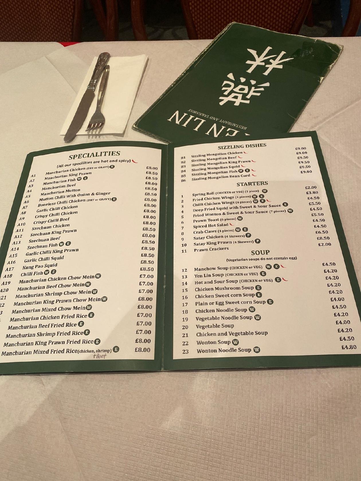 Menu at Yen Lin Ilford restaurant, Ilford