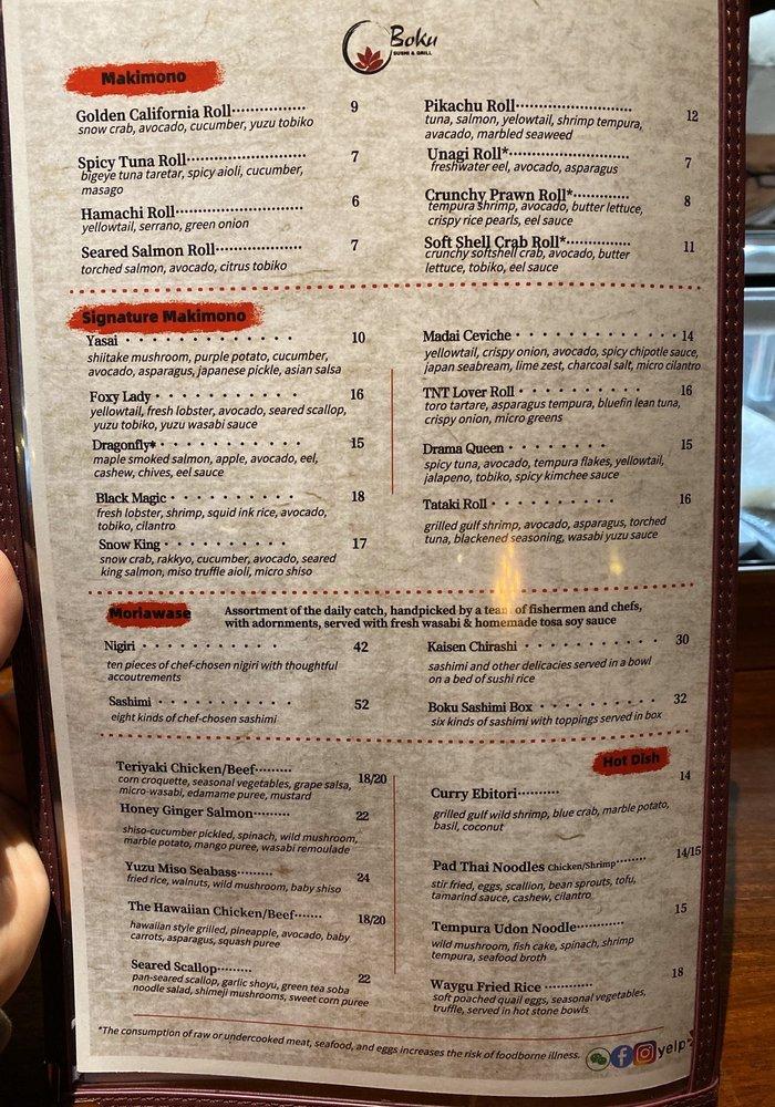 Menu at Boku Sushi & Grill restaurant, Maitland