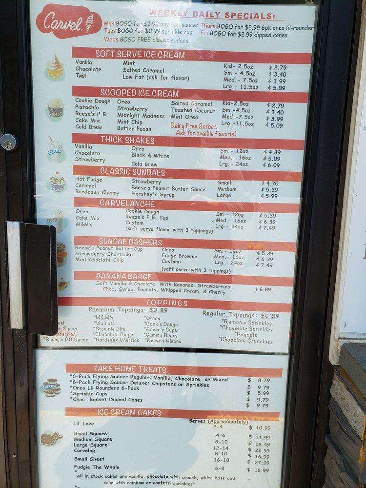 Menu at Carvel desserts, Waterbury