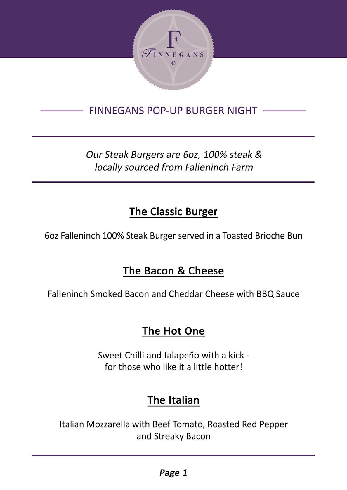 Menu at Finnegans cafe, Falkirk, 45 Vicar St