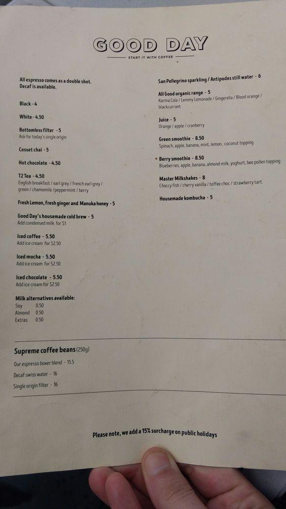 Menu at Good Day cafe, Auckland