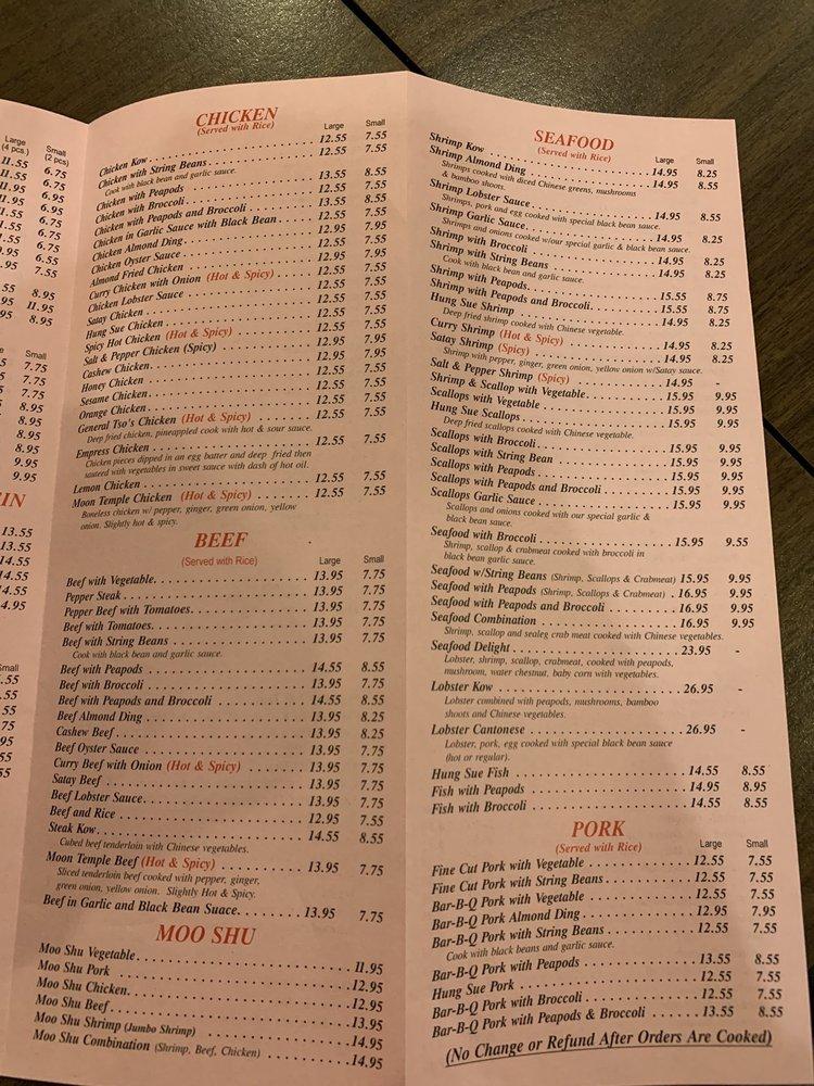 Carta de Moon Temple Chinese Restaurant, Berkeley