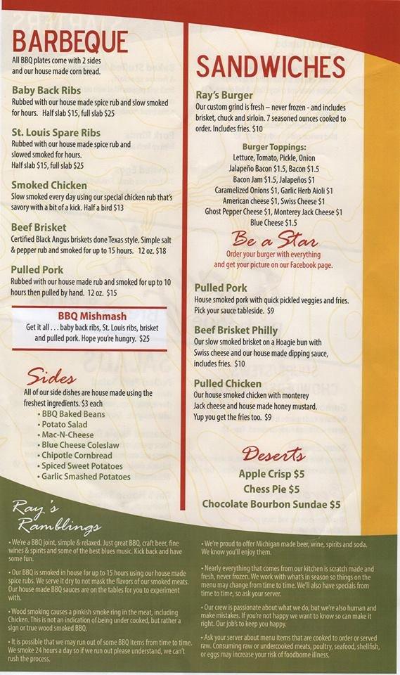 Menu at Ray's - BBQ, Brews & Blues, Grayling