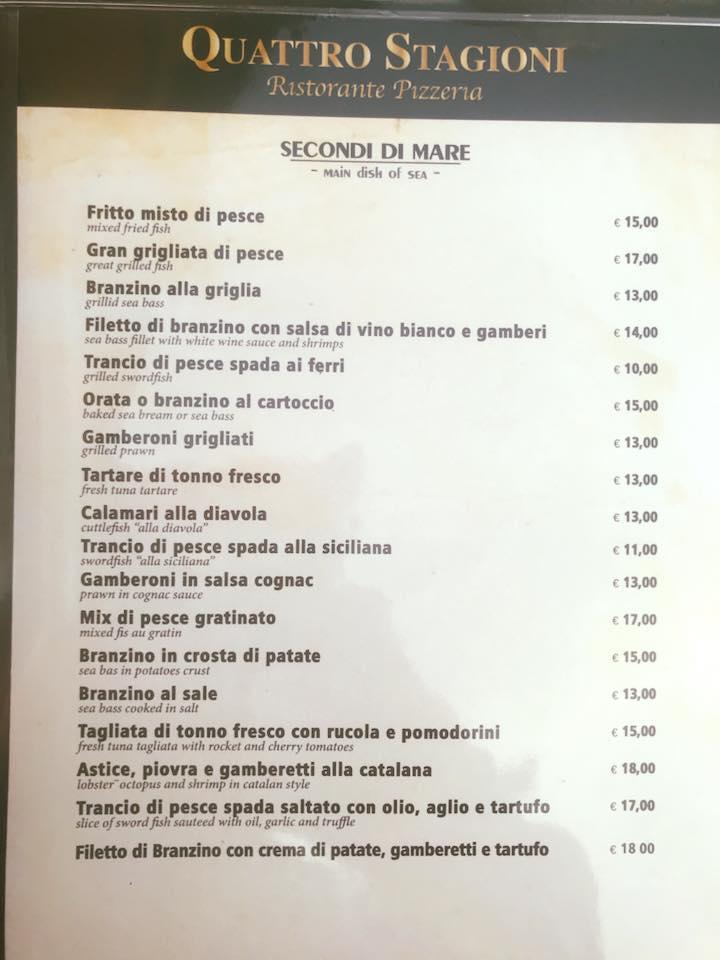 Menu at Quattro Stagioni restaurant, Varese
