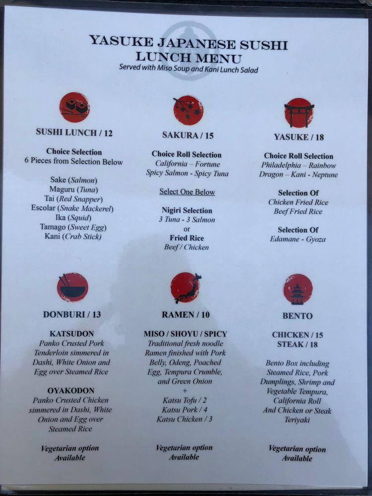 Menu at Yasuke Japanese Sushi restaurant, McAllen