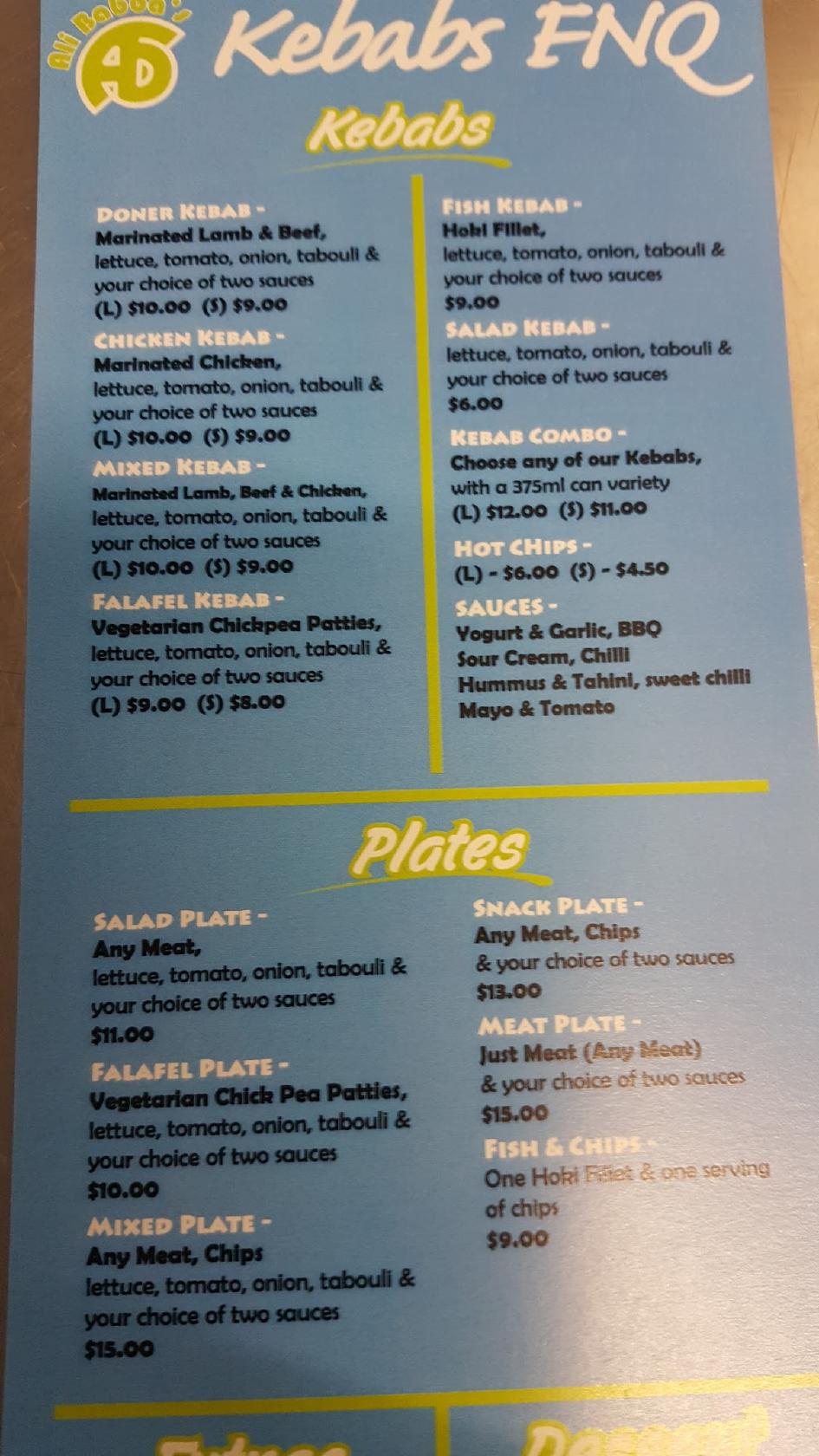 Menu at Ali Baba restaurant, Westcourt, 214 Mulgrave Rd