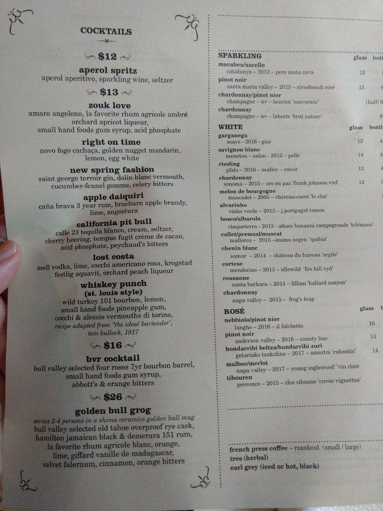 Menu at Bull Valley Roadhouse pub & bar, Port Costa