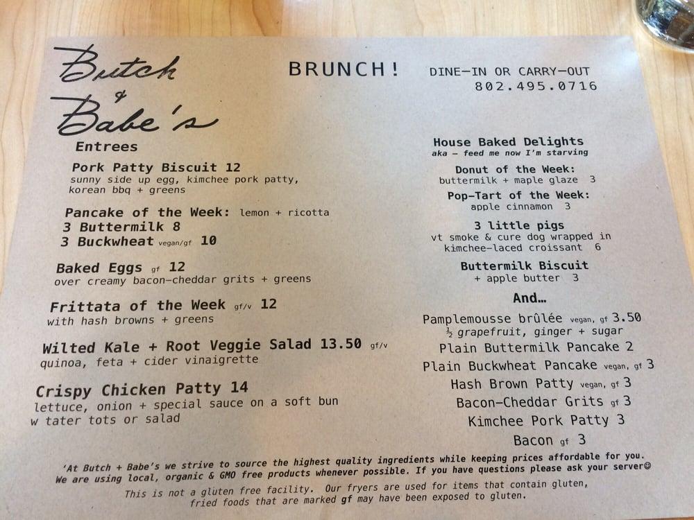 Menu at Butch + Babe's pub & bar, Burlington
