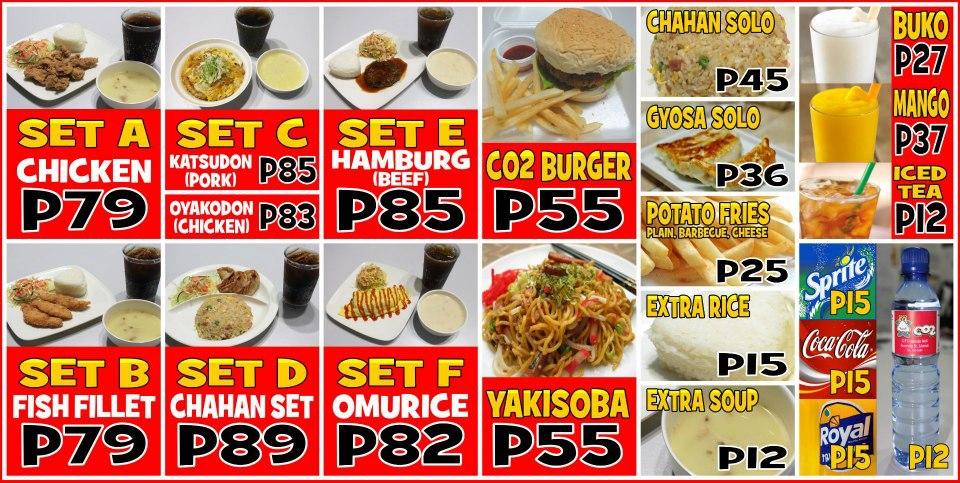 Menu at CO2 restaurant, Manila, university tower