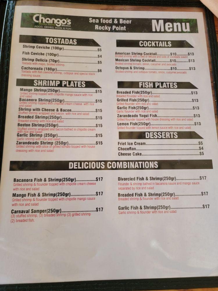 Menu at Chango's Seafood & Beer restaurant, Puerto Peñasco