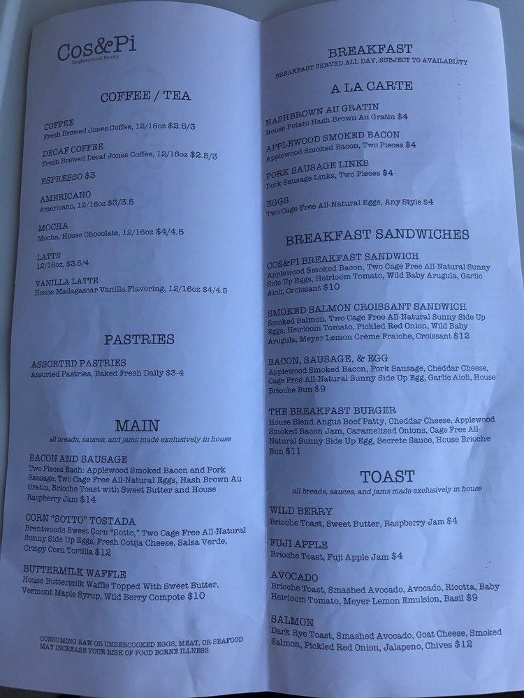 Menu at Cos & Pi restaurant, South Pasadena, 303 Pasadena Ave