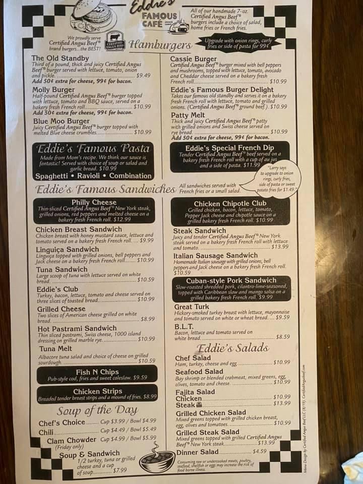Menu at Eddie's Restaurant, Los Banos