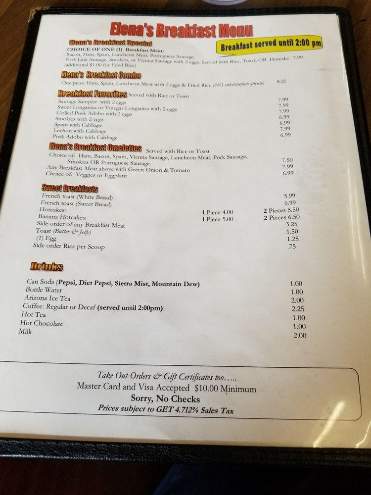 Menu at Elena's Restaurant, Waipahu, Tropicana Square Shopping Center