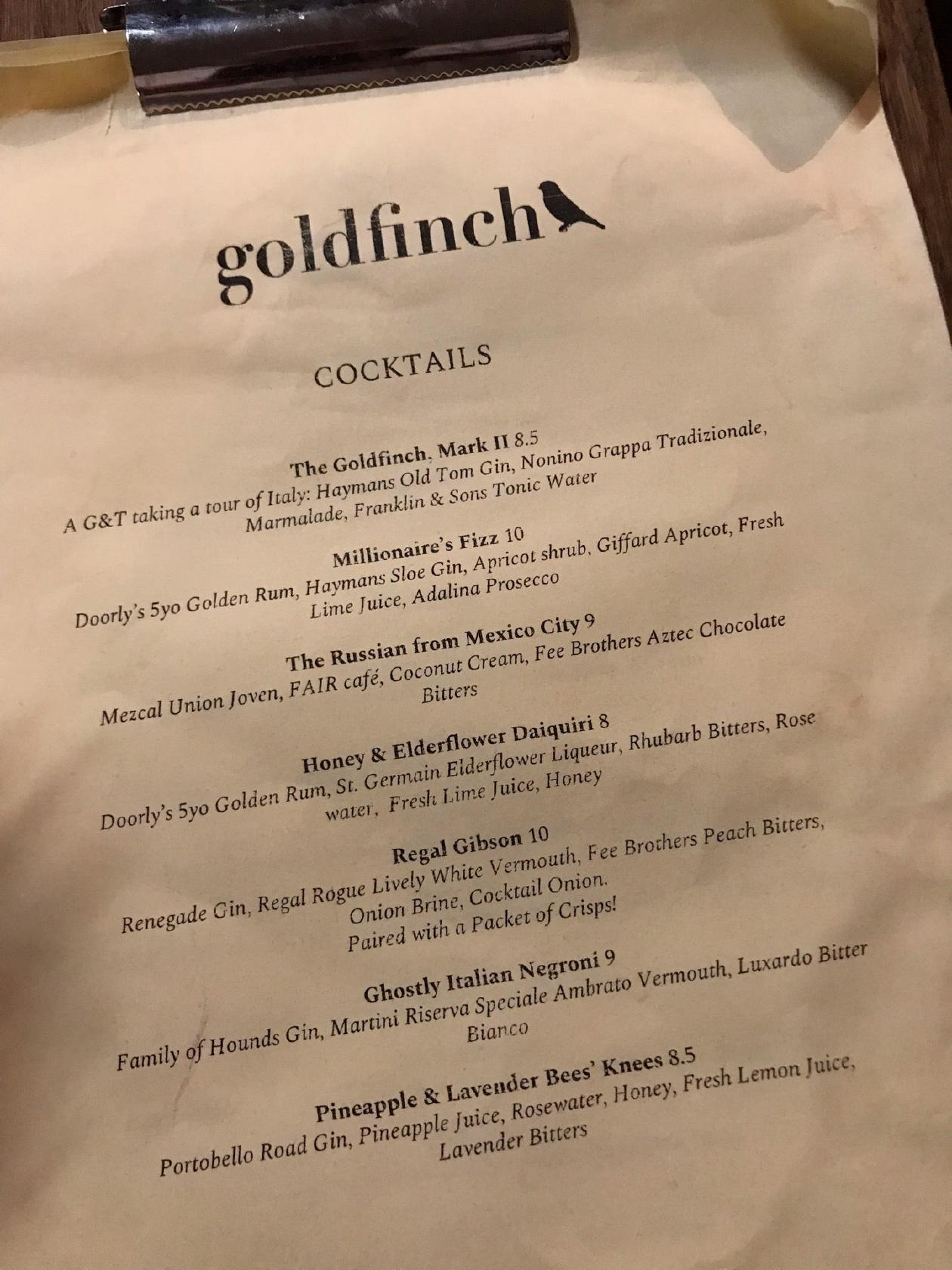 Menu at goldfinch pub & bar, London