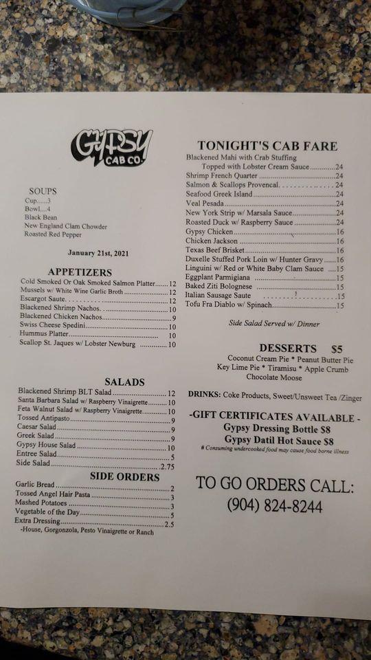 Menu at Gypsy Cab Company Restaurant, St. Augustine