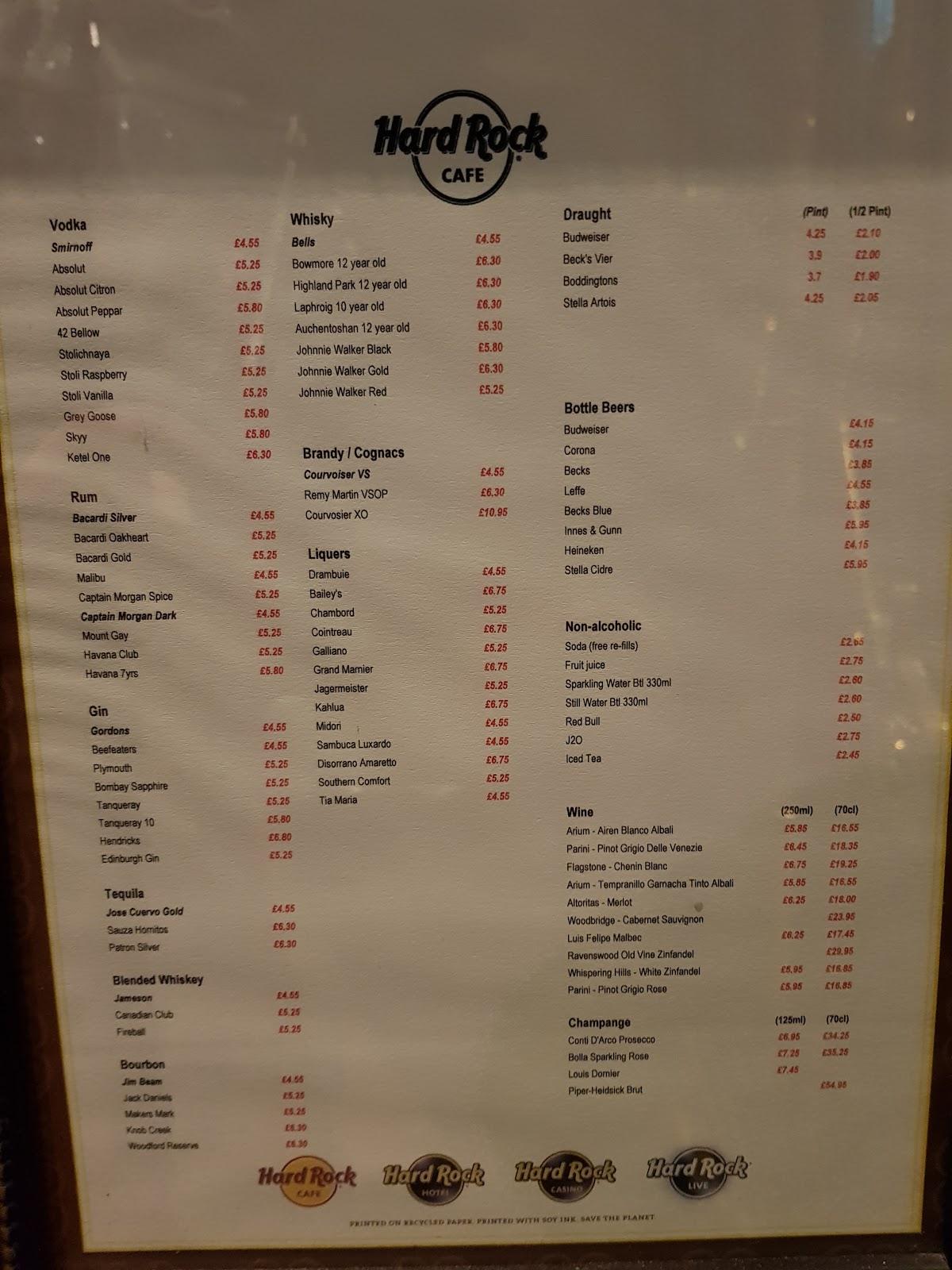 Menu at Hard Rock Cafe Edinburgh, Edinburgh