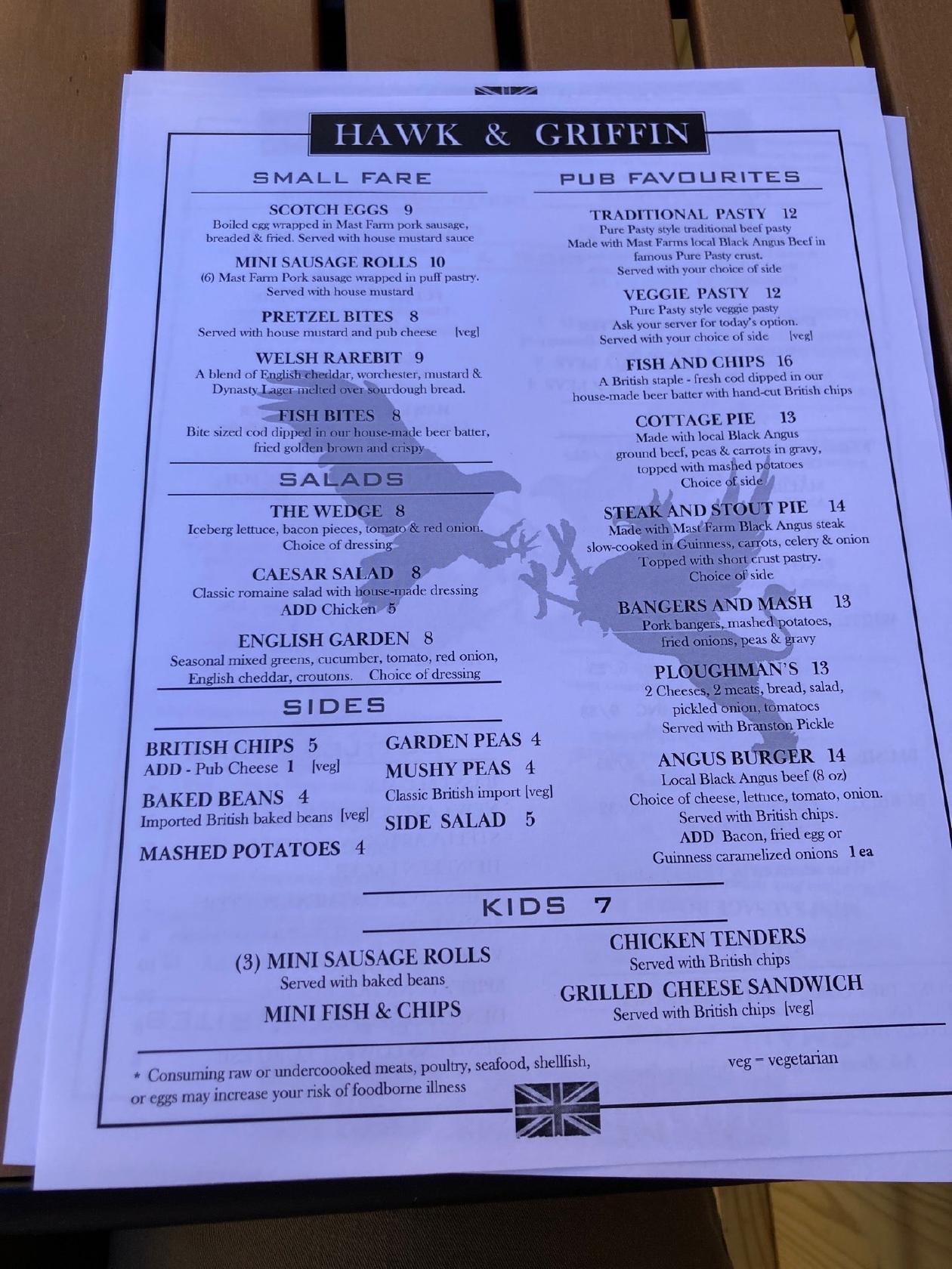 Menu at Hawk & Griffin pub & bar, Vienna