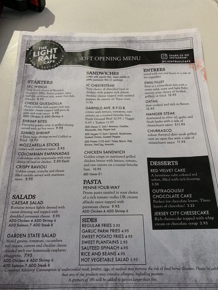 Menu at Light Rail Cafe, Jersey City