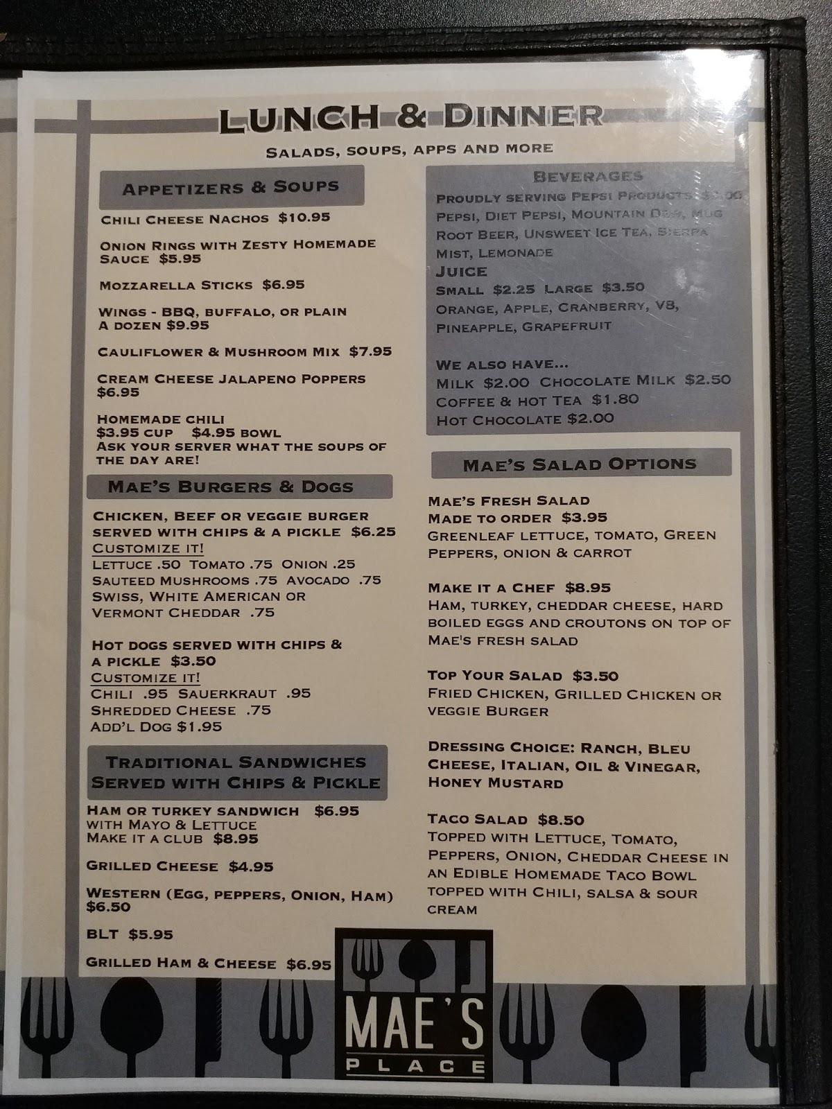Menu at Mae's Place cafe, Brandon