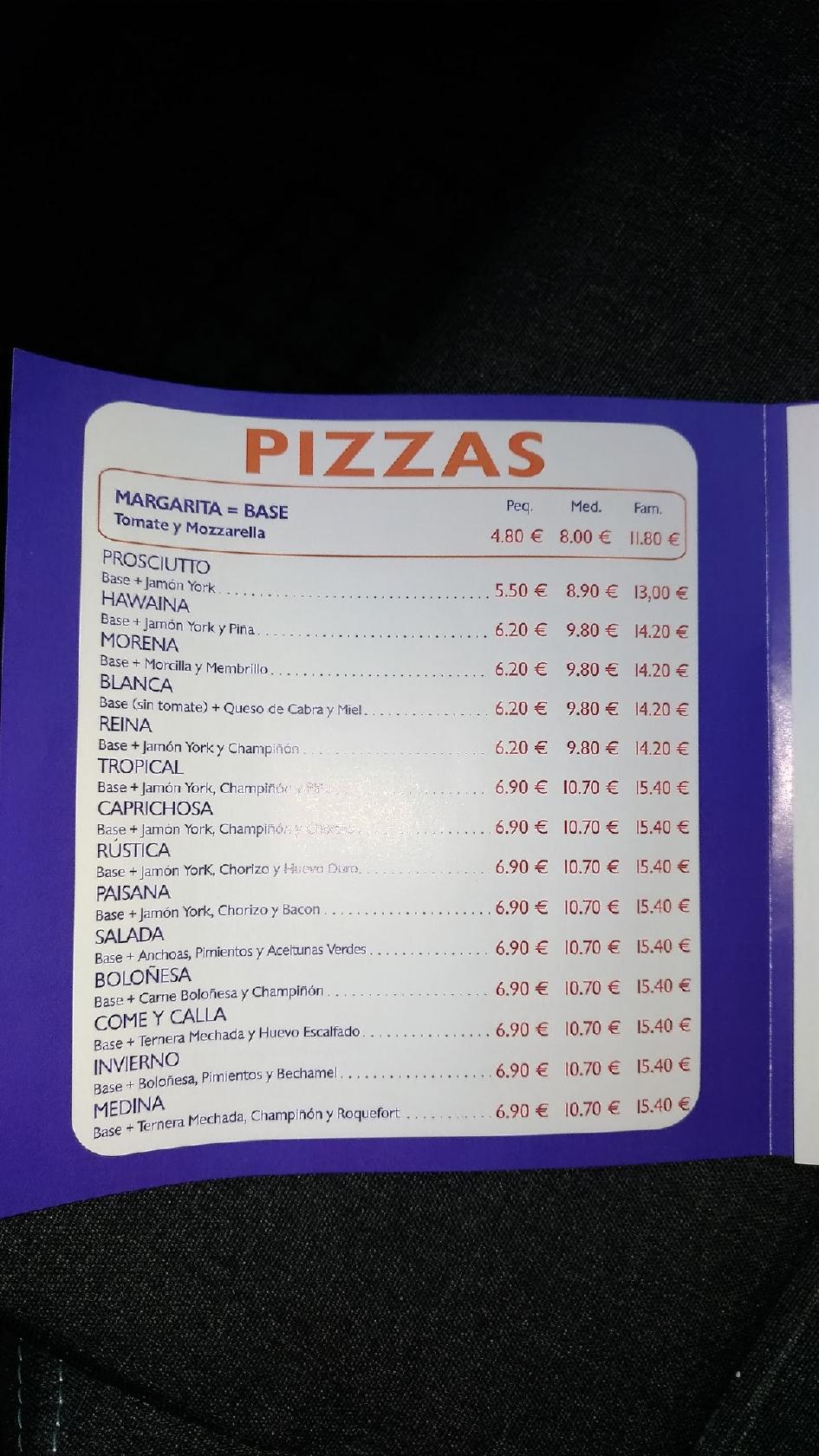 Menu at Pizzería Come y Calla, Medina del Campo