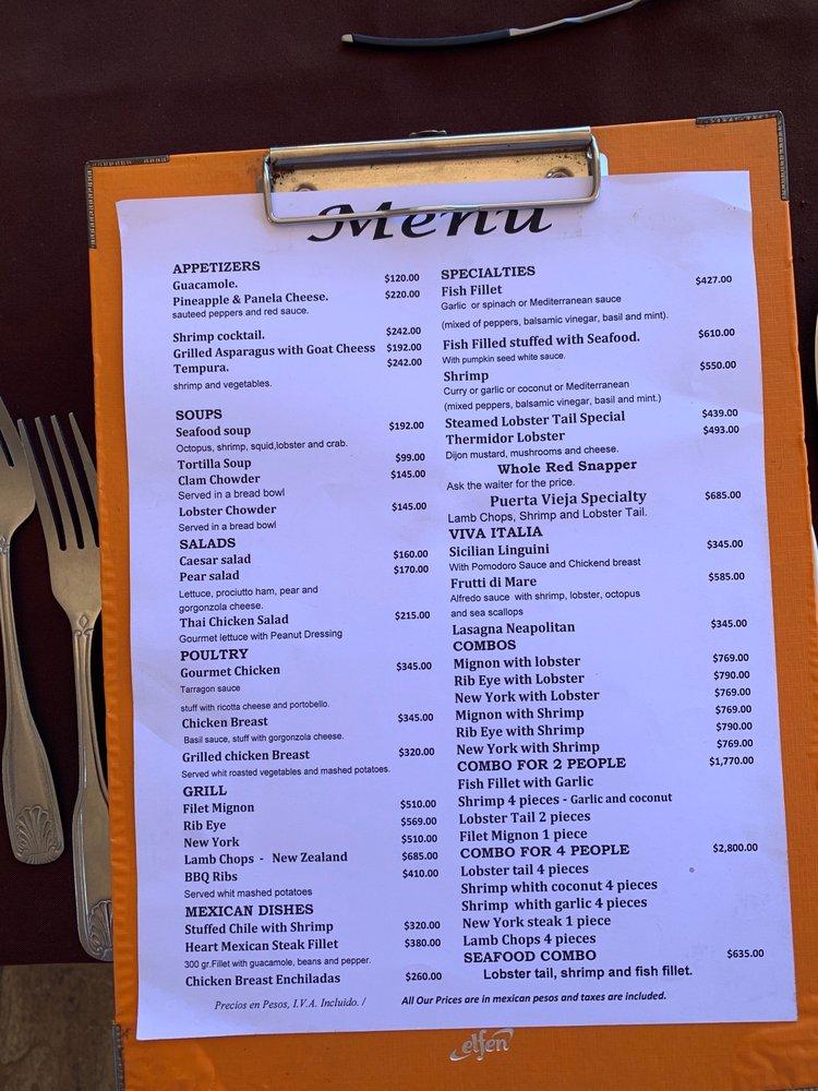 Menu at Puerta Vieja restaurant, Cabo San Lucas